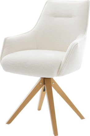 DELIFE Esszimmerstuhl Alja-Flex mit Armlehnen Holzgestell kantig Natur Boucl&eacute; Soft Beige 180&deg; drehbar Taschenfederkern
