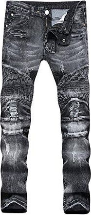 DianShao Homme Pantalons Denim Trou Biker Jeans Skinny Cargo Straight Slim Fit Déchiré Noir A 42