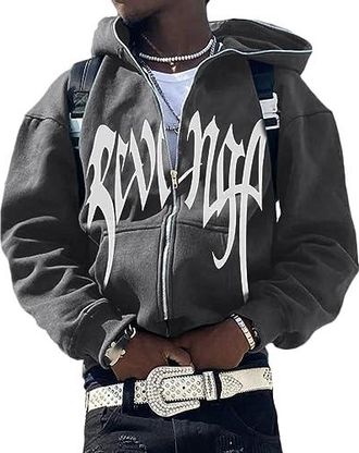 ORANDESIGNE Sweat &agrave; Capuche Homme Sweat-Shirt avec Fermeture &Eacute;clair Ample Imprim&eacute; Lettres Manche Longue Hip Hop Streetwear Zipp&eacute;e Veste &agrave; Capuche E-Girl Ann&eacute;es 90