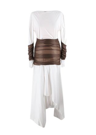 Loewe White and Brown Distressed Hem Midi Dress Size M