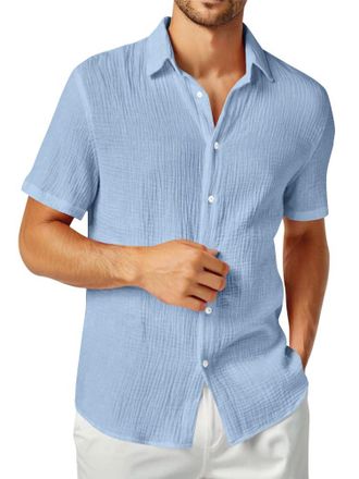 Onsoyours Hemd Herren Kurzarm Button Down Sommerhemd Musselin Leicht Strand Freizeit Businesshemd A Hellblau XL