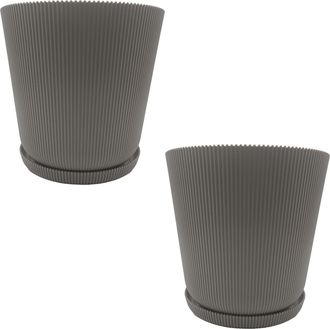 Relaxdays Blumentopf, 2er Set, Pflanztopf mit Untersetzer, Rillen, H x D: 20 x 20 cm, Kr&auml;utertopf, Kunststoff, hellgrau