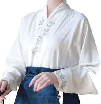 Generic Ensemble cardigan traditionnel chinois pour femme + jupe plissée Mamian avec jupe visage de cheval, Haut blanc uniquement, XL