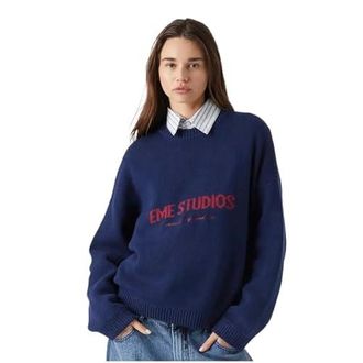 Generic Pull brod&eacute; chic pour femme - Lettres amusantes - Pull tricot&eacute; Y2k - Hauts d&eacute;contract&eacute;s et basiques &agrave; manches longues, 002-Bleu fonc&eacute;, L