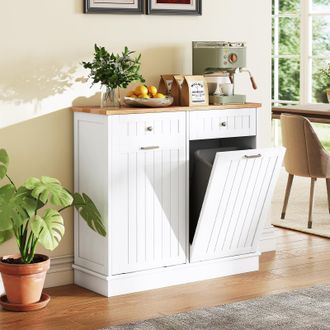 Giantex K&uuml;chenschrank f&uuml;r M&uuml;lleimer, Kommode mit Arbeitsplatte, Schneidebrett & 2 Schubladen, M&uuml;lltrennungsschrank 100 x 33 x 90 cm, Aufbewahrungsschrank f&uuml;r 