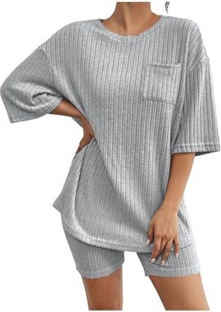 Generic Ensemble Tee Shirt + Short Femme Tricoté, Top Grande Taille-Haut Femme Manches Courtes Couleur Pure Tuniques Basique à Col Rond Classique DéContracté 