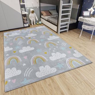 Hanse Home Adventures Kinderteppich - Regenbogen Wolken Muster Teppich Junge M&auml;dchen f&uuml;r Kinderzimmer, Spielzimmer, Jugendzimmer, Wohnzimmer - Grau, 120x170cm