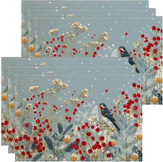 Generic Winter Vogel und Beeren Tischsets Elegantes Blumendesign f&uuml;r Esstisch Festlich Urlaub Rutschfest Waschbar Indoor Outdoor K&uuml;che Party Dekoratives Tisch