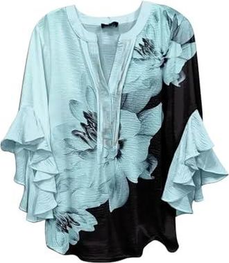 Generic T-shirt pour femme - Col en V - Manches &agrave; volants - Imprim&eacute; floral - L&eacute;ger et respirant - Haut fluide - D&eacute;contract&eacute; - T-shirt de loisirs pour femme, b