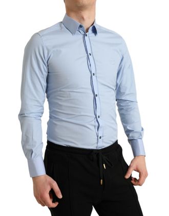 Dolce & Gabbana Sky Blue Cotton Men Formal Gold Dress Shirt Light