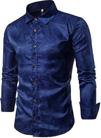 AlltheMen Chemise Homme Casual Floral Imprimé à Manches Longues en Jacquard en Soie,Bleu1,XXL