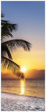 Wallario selbstklebendes Poster - Palme am Strand - Sonnenuntergang &uuml;ber dem Meer, Aufkleber in Premiumqualit&auml;t, Klebefolie Gr&ouml;&szlig;e: 80 x 200 cm XXL-Poster