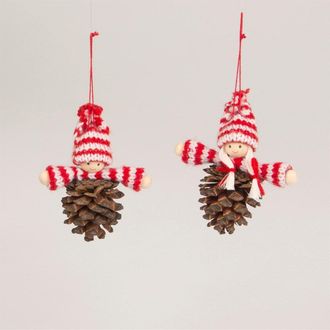 Sass & Belle Zwei bezaubernde Zapfenwichtel mit gestreiften M&uuml;tzen f&uuml;r den Christbaum - 6.5 x 9 x 5 cm