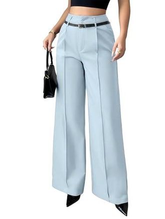 Generic Pantalon noir taille haute pour femme &agrave; jambes larges pour affaires, d&eacute;contract&eacute;, bureau, travail, pantalon pliss&eacute; fluide, bleu clair, XXL