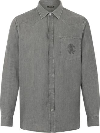 Roberto Cavalli Homme, Chemises, Noir, Taille: S Chemise Grise en Coton avec Logo Brod&eacute;