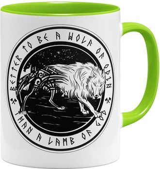 OM3 Vikings Wolf of Odin Kaffee-Tasse Wikinger - Keramik Becher - 11oz 325ml - Beidseitig Bedruckt - Hellgrün
