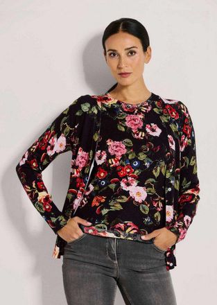 Madeleine Strickjacke Sommerliche Strickjacke, Unikat-Print Florales Design, V-Ausschnitt, Knopfleiste mit Perlmuttkn&ouml;pfen