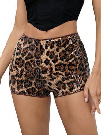 SOLY HUX Short &eacute;l&eacute;gant pour femme - Mini short imprim&eacute; l&eacute;opard - Short de f&ecirc;te avec paillettes - Taille haute &eacute;lastique - Clubwear Rave Festival, L&eacute;opard, S