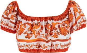 Dolce & Gabbana Femme, Blouses et Chemises, Orange, Taille: 40 FR Top en popeline &agrave; imprim&eacute; Majolica