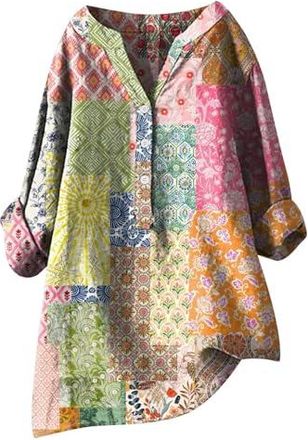 Generic Hauts en lin pour femme - Manches longues - Imprimé floral - Vintage - Chinois - Décontracté - T-shirt ample - Col en V - Chemise élégante à boutons -
