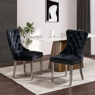 Generic Esszimmerstuhl-Set Aus Leder - Stühle Mit Hoher Rückenlehne, Knopfheftung Und Beinen Aus Massivholz(Silver-Black,2)