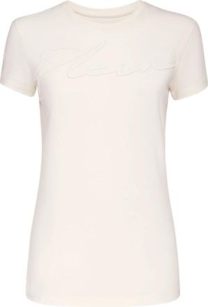 Philipp Plein Femme, Tops, Beige, Taille: 40 FR T-shirt en satin Col Rond MC Broderie Signature