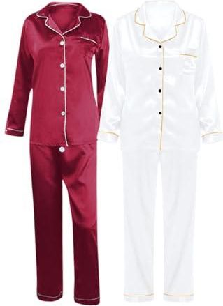 Generic Pyjama long pour femme avec boutonni&egrave;re - 2 pi&egrave;ces - Manches longues - Doux et confortable - Ensemble pyjama &agrave; revers - Couleur unie - Avec poches - V