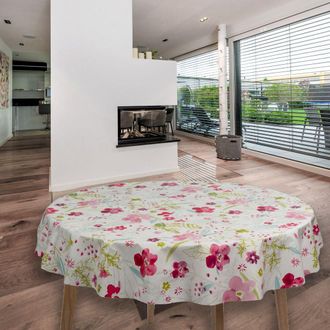 Laro runde 140 cm wachstuchtischdecke wachstischdecke abwashbar PVC tischdecke Wachstuch wasserabweisend Garten tischdecke, Muster:Blume Beige Weiß