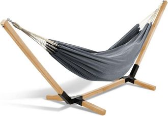 IDMarket Hamac avec support bois et toile gris anthracite TAHITI