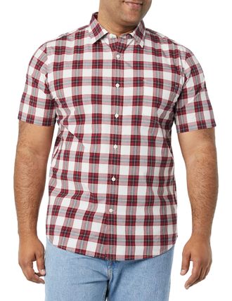 Amazon Essentials Herren Slim Fit Kurz&auml;rmeliges Hemd aus Popeline Schmale Passform, Rot Kariert, XL