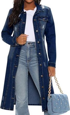 ORANDESIGNE Manteau Long en Denim pour Femme Hiver Jean Blousons à Manches Longues Bouton Manteau avec Poche Trench-coat Vintage Veste en Jean Overcoat Parka Outw