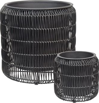 Beliani Blumentopf 2er Set Rattan schwarz rund Outdoor & Indoor mit Einsatz Brodiea