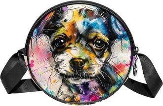 Generic Sac &agrave; bandouli&egrave;re rond rond pour femme, motif chiot graffiti, aquarelle, avec fermeture &eacute;clair, bretelles r&eacute;glables