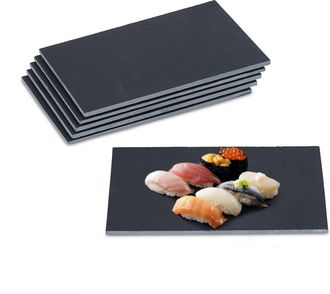 Relaxdays Schieferplatte 6er Set, Servierplatte rechteckig, 26 x 16 cm, zum Servieren von Käse, Sushi, Desserts, schwarz
