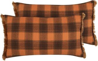 Beliani Beliani - Dekokissen 2er Set Orange und Schwarz Stoff 40 x 70 cm Bezug mit F&uuml;llung Fransen Schottenkaro Kariert Retro-Design Wohnzimmer Schlafzimmer