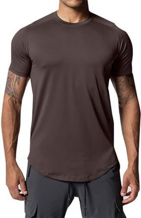 Generic T-shirt de sport fonctionnel pour homme - S&eacute;chage rapide - Avec ourlet allong&eacute; - Manches courtes - Respirant - Pour lentra&icirc;nement en plein air, caf&eacute;, 