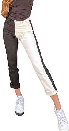 Onsoyours Femme Patchwork Jeans Taille Haute Extensible Bloc de Couleur Rectiligne Crayon Pantalons Droite Pantalon Patch Flare Denim Pantalon E Noir L