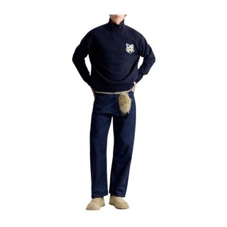 Maison Kitsun&eacute; Fox Head Intarsia Merino High - Homme - Pulls - Bleu - Taille: S