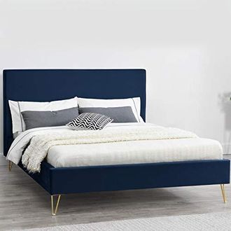 Concept Usine Lit Riverside Double en Velours Bleu avec Sommier &agrave; Lattes 2 Places Int&eacute;gr&eacute;s - Couchage 140 x 190 cm - Cadre de Lit Scandinave Tendance 2 Personnes - 