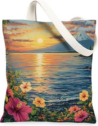 Generic Sac fourre-tout en toile dhibiscus printanier pour le shopping, 33 x 38,1 cm, motif floral et montagne, sac d&eacute;picerie r&eacute;utilisable pour femme, motif d