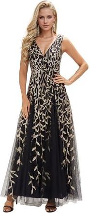 Ever-pretty Robes dInvités de Mariée Longue Paillettes De Feuilles Tulle Col V sans Manches Chic Or Noir 48