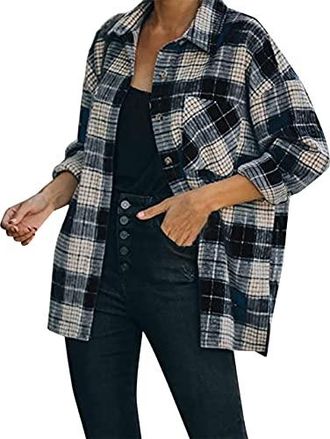 Generic Vestes pour femmes 2026 en flanelle &agrave; carreaux l&eacute;gers et minces, chemises raglan &agrave; manches longues boutonn&eacute;es sur la poitrine, manteaux &agrave; poches, Noir