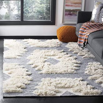 Safavieh Boho Teppich für Wohnzimmer, Esszimmer, Schlafzimmer - Kenya Collection, Hoher Flor, Marine und Elfenbein, 183 X 274 cm