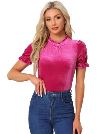 Allegra K Damen Bluse Samt Kurzarm R&uuml;schenkragen Velvet Elegant Oberteile Pink M