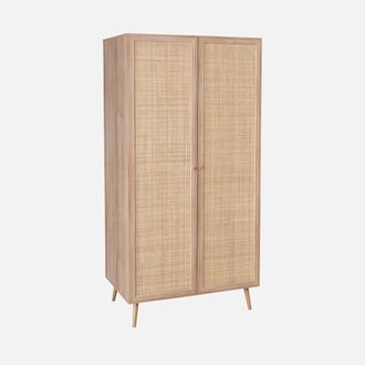 Sweeek Armoire cannage et décor Bois 2 Portes avec étagère et Tringle - Hauteur 179.5cm