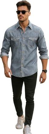 True Face Chemise en jean pour homme 100 % coton multi-poches &agrave; manches longues et col boutonn&eacute; effet d&eacute;lav&eacute;, lavage moyen, XXL