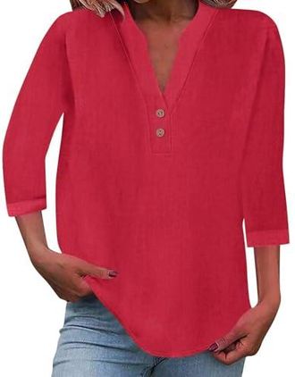 Generic Tunique Henley &agrave; manches 3/4 pour femme, col en V, boutonn&eacute;e, coupe ample, chemisier long pour leggings, travail, voyage | Chemise d&eacute;contract&eacute;e douce 