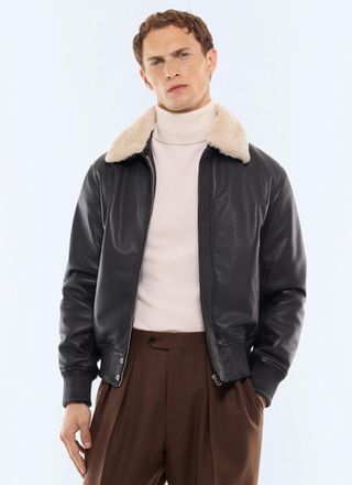 Fursac Blouson en cuir dagneau &agrave; col amovible - Taille XXL - Homme