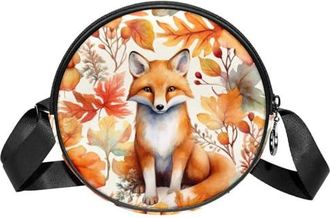 Generic Sac &agrave; bandouli&egrave;re rond pour femme, motif for&ecirc;t dautomne et renard, sac &agrave; dos avec fermeture &eacute;clair, bretelles r&eacute;glables, sac &agrave; main rond d&eacute;contract&eacute; p