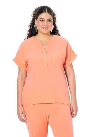 Ulla Popken Femme Grandes Tailles Blouse Oversize en Mousseline, col Tunisien et Manches Courtes Corail 62+ 827543505-62+